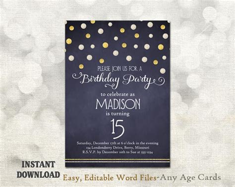 Printable Birthday Party Invitation Template 15th Birthday Etsy
