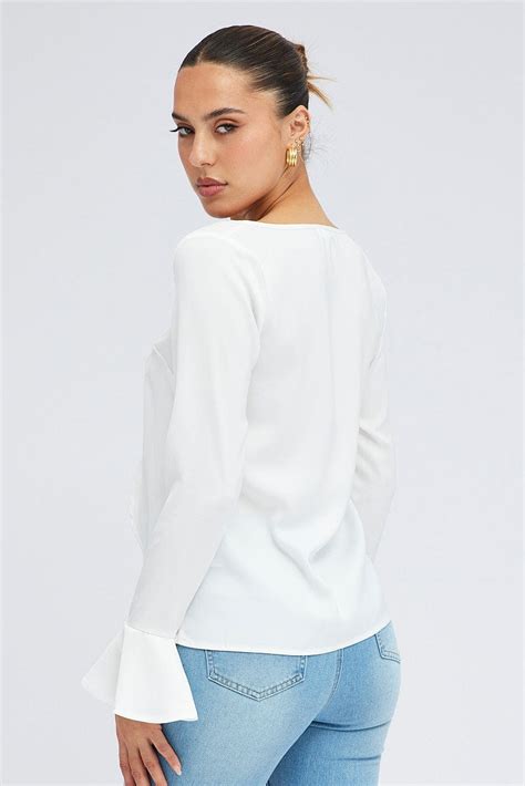White Tie Front Top Long Sleeve Scoop Neck Satin Ally Fashion