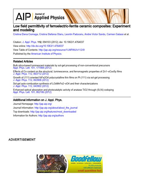 Low Field Permittivity Of Ferroelectric Ferrite Ceramic Composites Experiment And Modeling