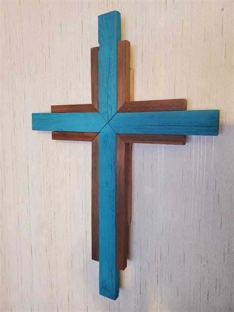 Unique Old School Rustic Cedar Wood Cross Teal And Brown Wall Hanging