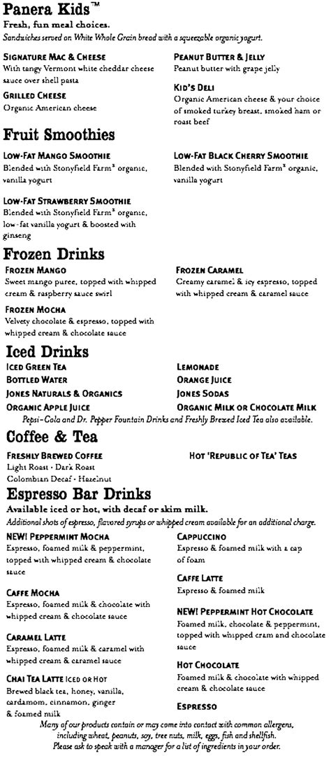 Panera Bread Menu Prices Printable