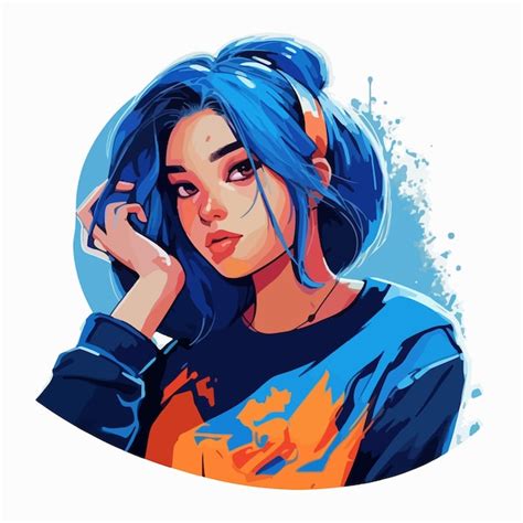 Uma Garota Com Cabelo Azul E Uma Camisa Azul Vetor Premium