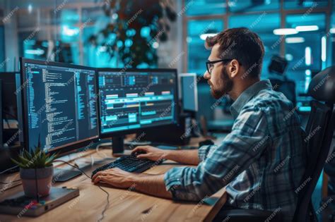 Focused Programmer Working On Code At A Multimonitor Setup In A Modern