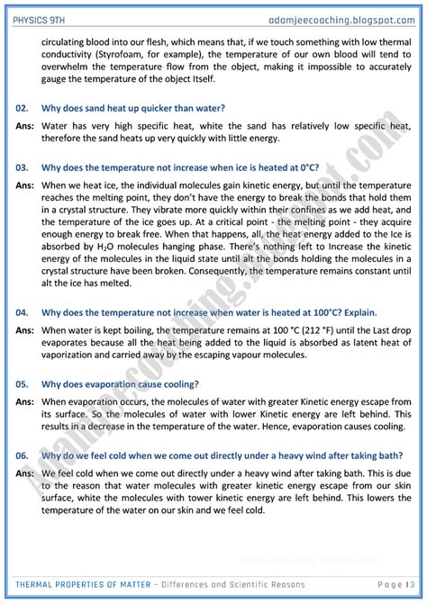 Adamjee Coaching Thermal Properties Of Matter Differences And Scientific Reasons Physics 9th