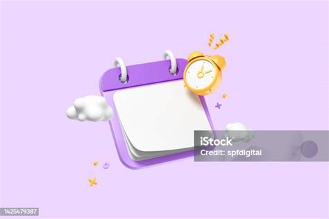 알람 알림이 있는 3d 캘린더 이벤트 알림 최소한의 창조적 인 디자인 텍스트 또는 날짜에 대한 빈 복사 공간이 있는 백서입니다 계획 개념 보라색 배경에 고립 된 만화 아이콘