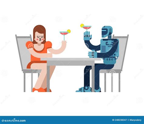 Robot Amoureux Assis Au Restaurant Couple Amoureux Cyborg Et Fille Relation Romantique