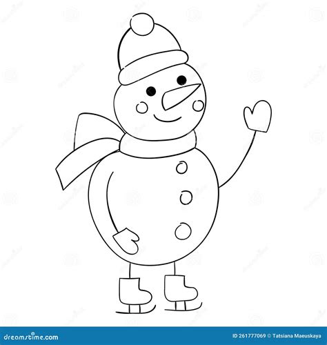 Cute Cartoon Snowman With A Thin Line Vector Illustration Of A Doodle