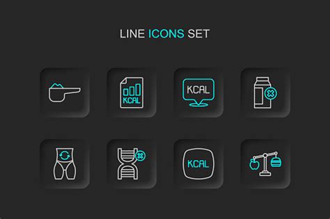 라인 칼로리 계산기 Kcal Gmo 없음 신진 대사 유당 불내증 다이어트 계획 및 스포츠 영양 단백질 아이콘을 설정하십시오 벡터 Dna에 대한 스톡 벡터 아트 및 기타