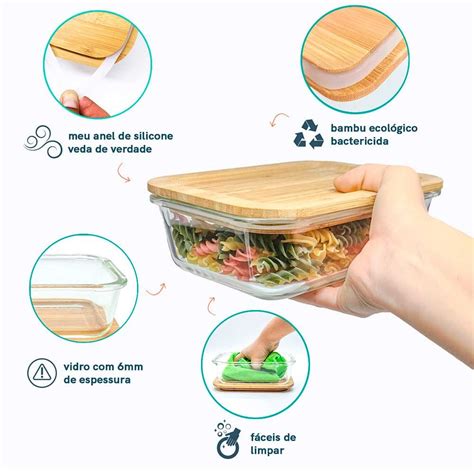 Pote Para Mantimentos Litro De Vidro Tampa De Bambu Retangular Raso Madeiramadeira