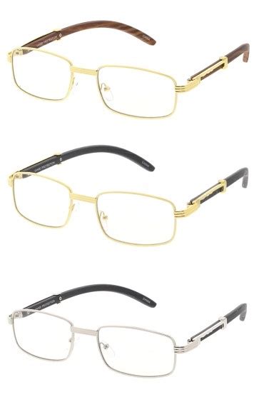 Small Rectangle Frame Wood Grain Arms Clear Lens Wholesale Glasses