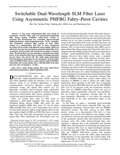 Pdf Switchable Dual Wavelength Slm Fiber Laser Using Asymmetric Pmfbg Fabry Perot Cavities