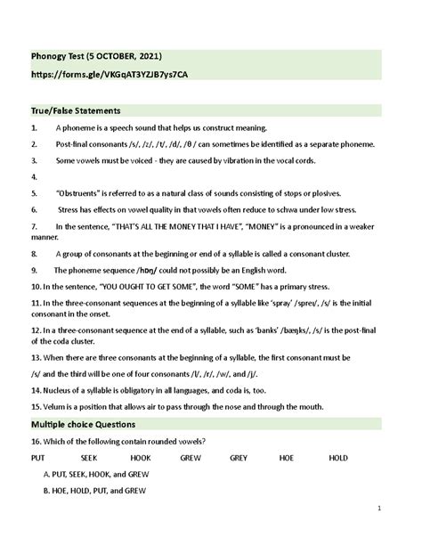 Phono Test 2021 Phonetics Test Phonogy Test 5 October 2021 Forms