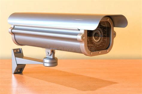 Security Surveillance Camera On The Wooden Table 3d Rendering Stock