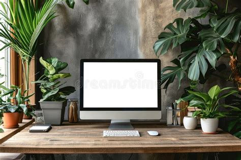 Modern Workspace Mockup With Blank Screen Computer Generative Ai Stock