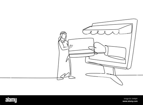 Single Continuous Line Drawing Young Arab Male Inserting Credit Card Into Canopy Monitor Screen