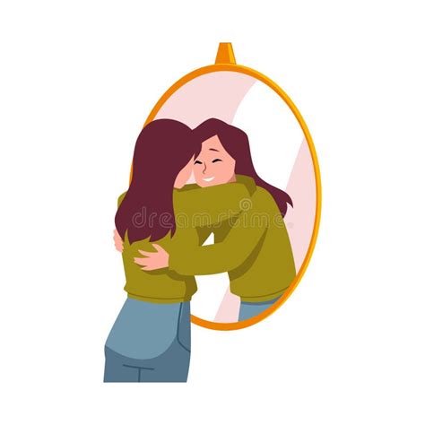 Girl Hugging The Reflection In Mirror Flat Style Vector Illustration