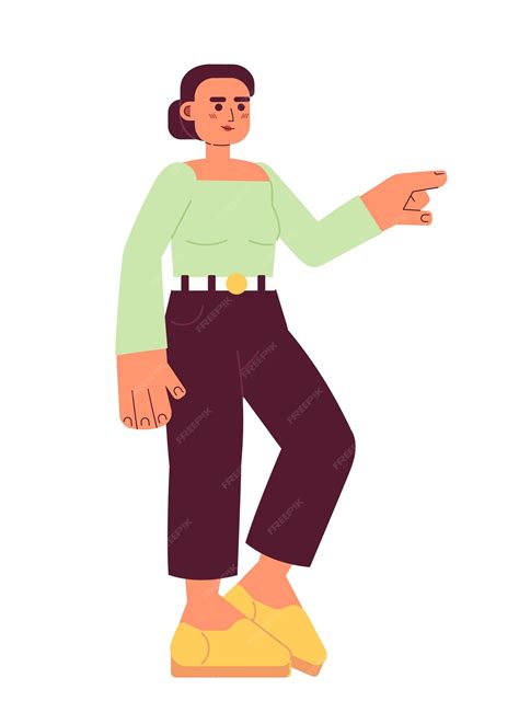 Premium Vector Smiling Woman Pointing With Index Finger Semi Flat