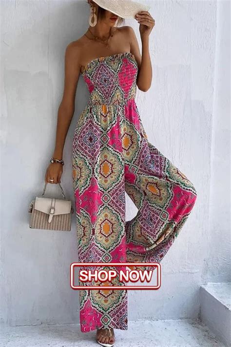 Strapless Casual Floral Bohemian Print Wide Leg Jumpsuit Bohemian