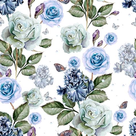 Pattern With Watercolor Realistic Rose And Iris Illustration Pattern