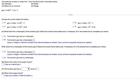 Solved First Write The Function In Vertex Form Then Find Chegg