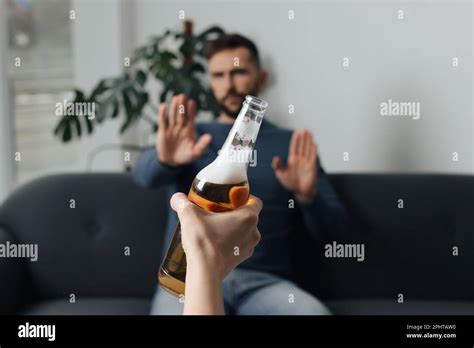 Man Refusing To Drink Beer Indoors Closeup Alcohol Addiction