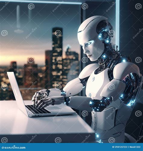 Ai Cyborg Android Robot Working With Laptop In Office Artificial Intelligence Generative Ai