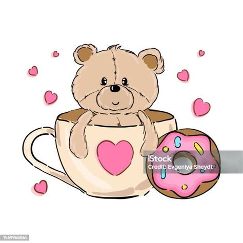 분홍색 도넛 만화 손으로 그린 벡터 삽화를 가진 귀여운 곰 티셔츠 인쇄 어린이 착용 패션 디자인 베이비 샤워 초대 카드에 사용할