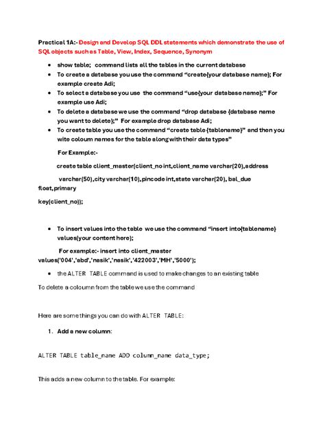 Dt Dbms Practical Practical 1a Design And Develop Sql Ddl Statements Which Demonstrate The