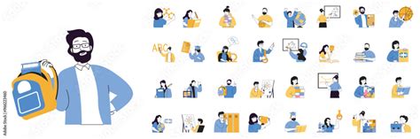 School Learning Concept Mega Set With Character Scenes In Flat Design