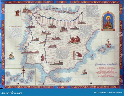 Wall Map With El Camino Pilgrimage Routes To Santiago De Compostela In
