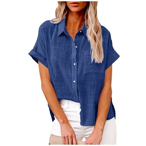 Linen Button Up Shirts For Women Womens V Neck Roll Up Short Sleeve