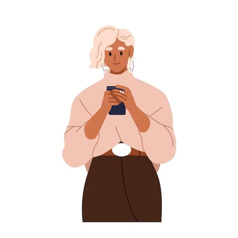 Premium Vector Woman Using Smartphone Young Female Character Holding Mobile Smart Phone In