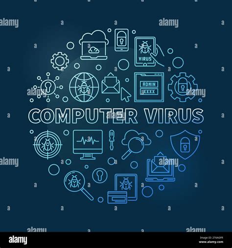 Vector Computer Virus Round Blue Concept Thin Line Illustration On Dark Background Stock Vector