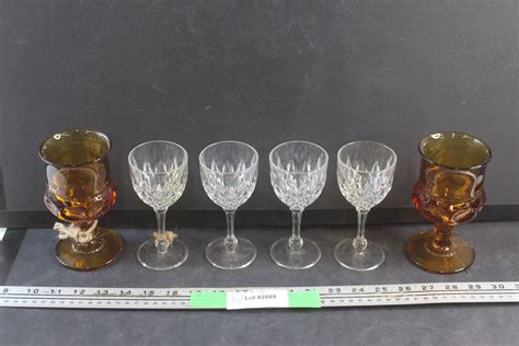 4 Pressed Glass Glasses And 2 Amber Glass Goblets Bodnarus