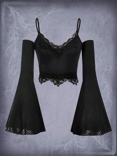 ROMWE Goth Renda De Contraste Ombro Frio Manga De Encampanada Top