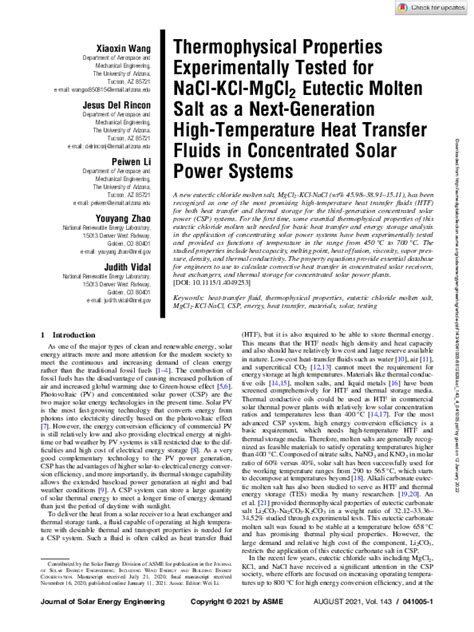 Pdf Thermophysical Properties Experimentally Tested For Nacl Kcl Mgcl2 Eutectic Molten Salt As