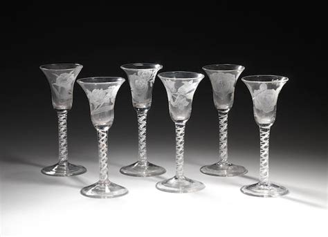 Bonhams A Set Of Six Engraved Mixed Twist Wine Glasses Circa 1760