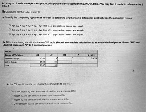 solved an analysis of variance experiment produced a portion of the