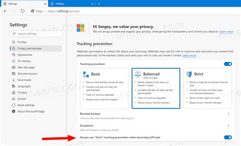 Directly Enable Strict Tracking Prevention For Inprivate Browsing In Edge