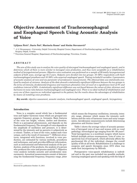 Pdf Objective Assessment Of Tracheoesophageal And Esophageal Speech Using Acoustic Analysis Of