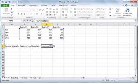 excel funktion summe autosumme aufbau beispiel and Übung