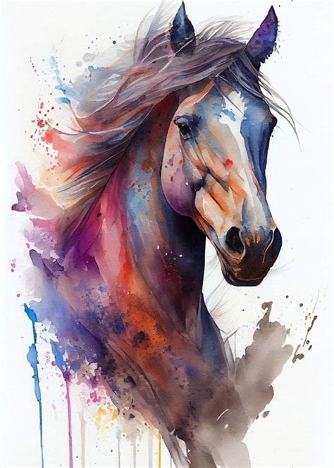 A Watercolor Painting Of A Horses Head With Long Manes And Flowing Hair