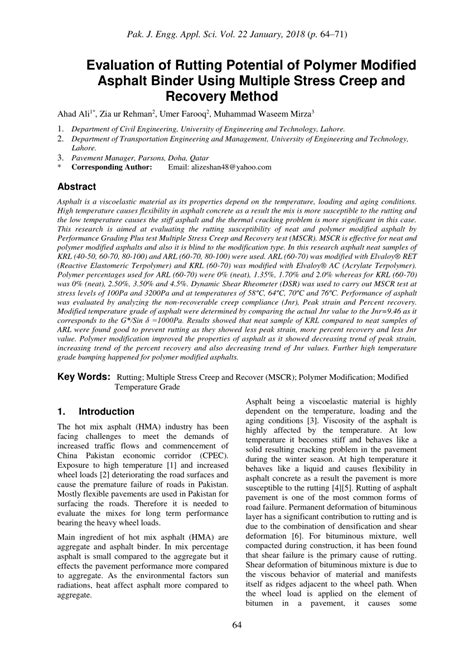 Pdf Evaluation Of Rutting Potential Of Polymer Modified Asphalt Binder Using Multiple Stress