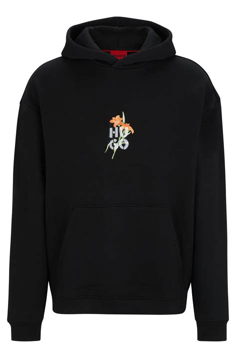 花卉艺术图案棉质混纺大版型连帽衫