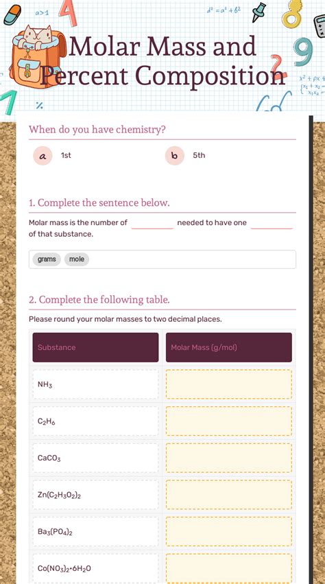 Molar Mass Worksheet Percentage