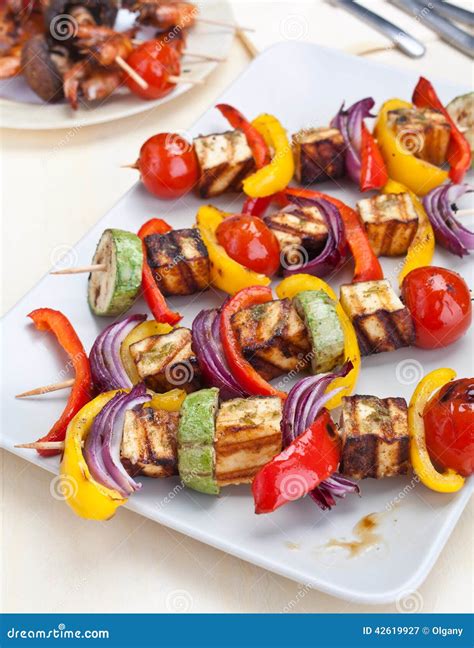 Halloumi And Vegetable Kebabs On A Table Stock Image Image Of Cheese