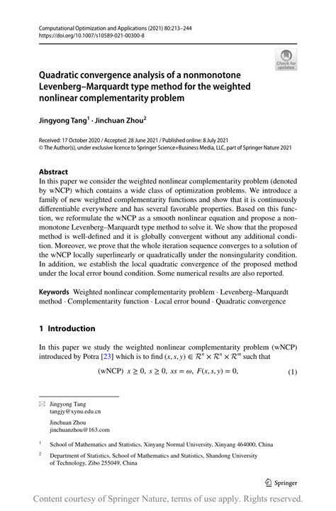 Quadratic Convergence Analysis Of A Nonmonotone Levenbergmarquardt Type Method For The Weighted