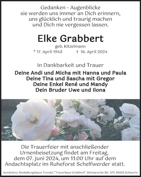 Traueranzeigen Von Elke Grabbert Trauer Nordkurier