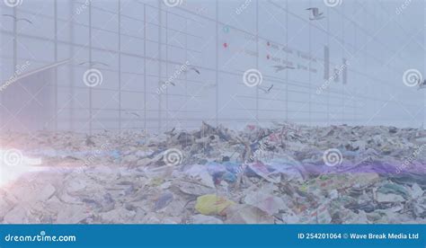 Animation Of Grid Pattern With Graphs Moving And Birds Flying Over Garbage At Landfill Stock