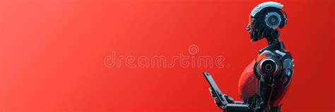 Advanced Robot Working On A Laptop Against A Solid Red Background Future Technology And Ai